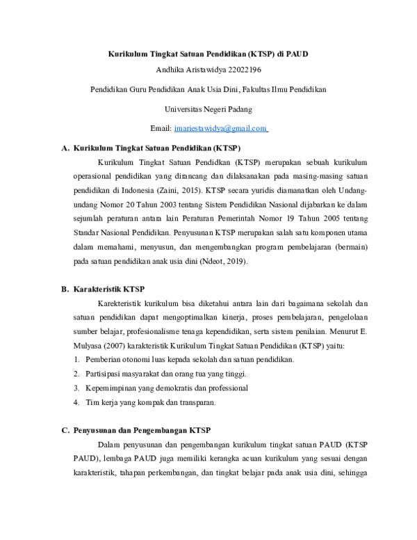 (DOC) Kurikulum Tingkat Satuan Pendidikan (KTSP) di PAUD
