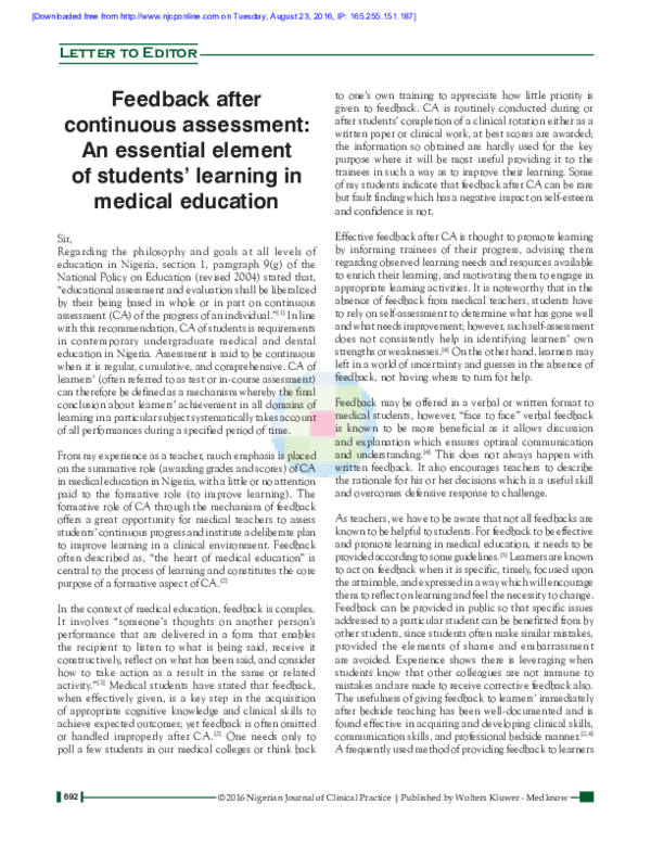 (PDF) Feedback after continuous assessment: An essential element of students' learning in ...