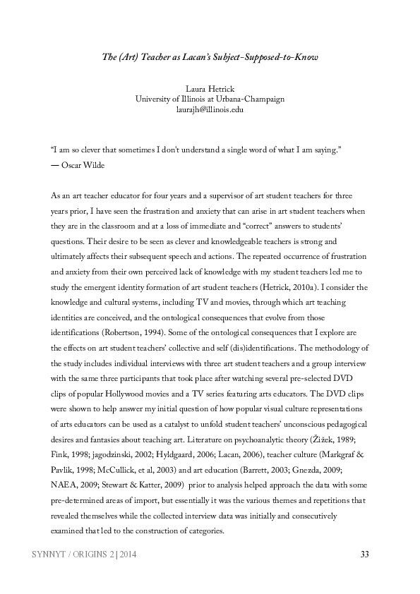 (PDF) The (Art) Teacher as Lacan's Subject-Supposed-to-Know