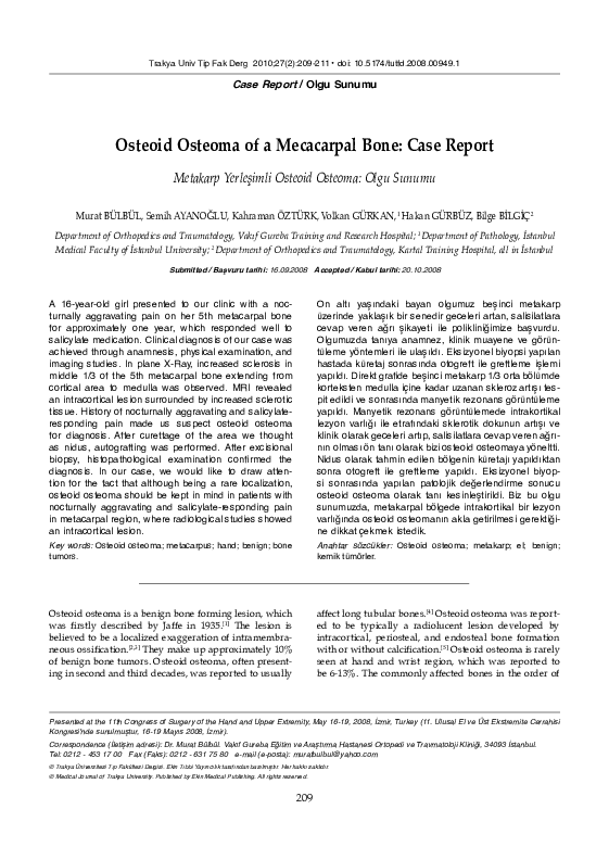 (PDF) Metakarp Yerleşimli Osteoid Osteoma: Olgu Sunumu