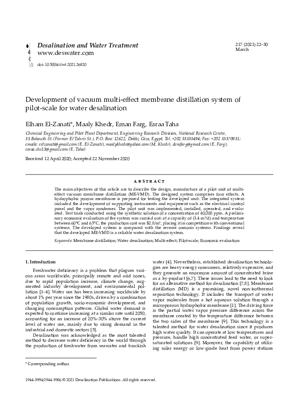 (PDF) Development of vacuum multi-effect membrane distillation system ...