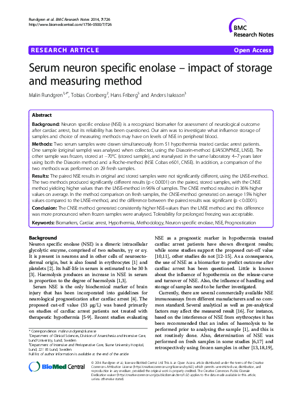 (PDF) Serum neuron specific enolase - impact of storage and measuring ...