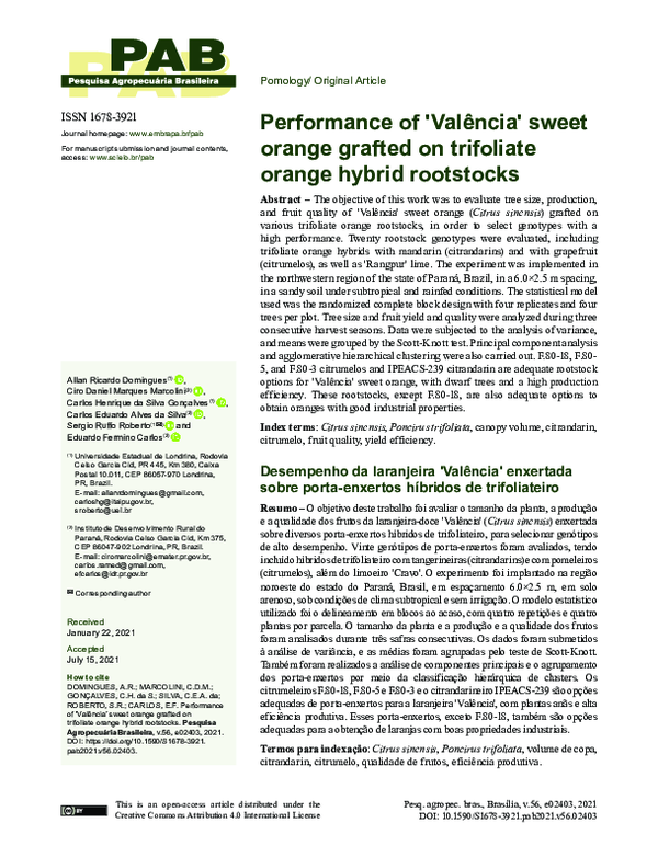 (PDF) Performance of ‘Valência’ sweet orange grafted on trifoliate ...