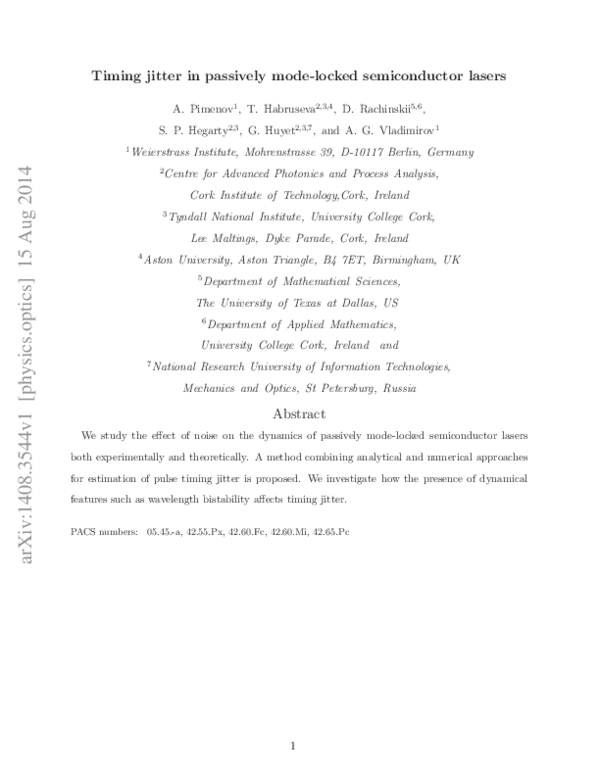 Pdf Timing Jitter In Passively Mode Locked Semiconductor Lasers
