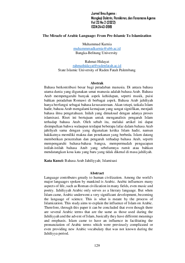 (PDF) The Miracle of Arabic Language: From Pre-Islamic To Islamization