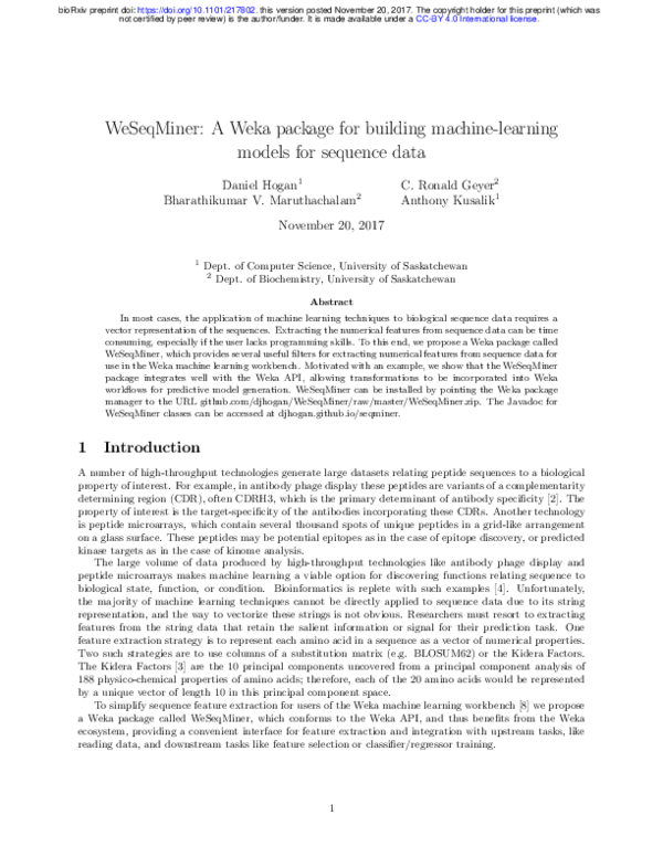 Pdf Weseqminer A Weka Package For Building Machine Learning Models For Sequence Data