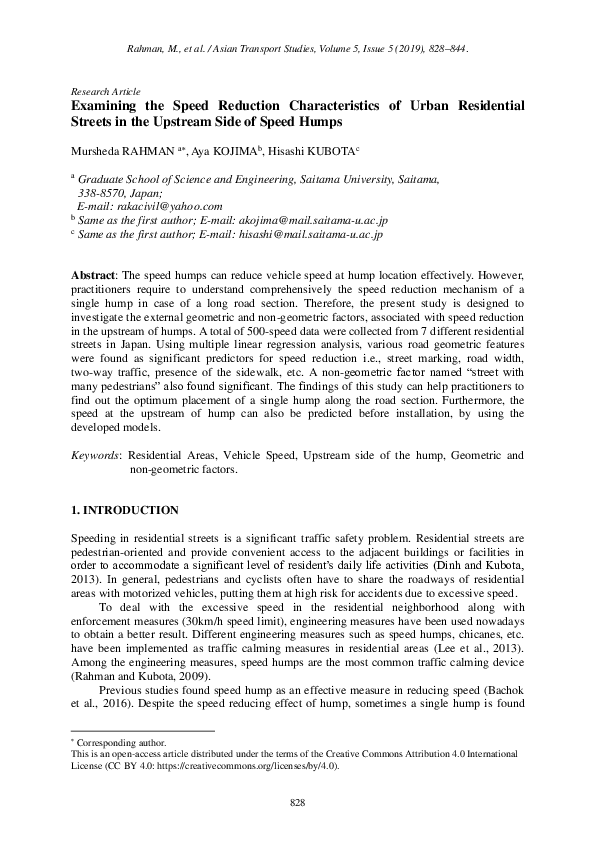 (PDF) Examining the Speed Reduction Characteristics of Urban ...