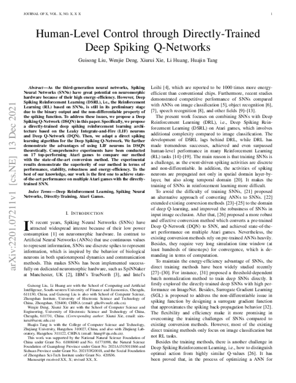 (PDF) Human-Level Control Through Directly Trained Deep Spiking $Q ...