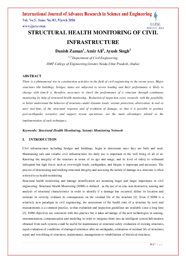 Pdf Structural Health Monitoring Of Civil Infrastructure