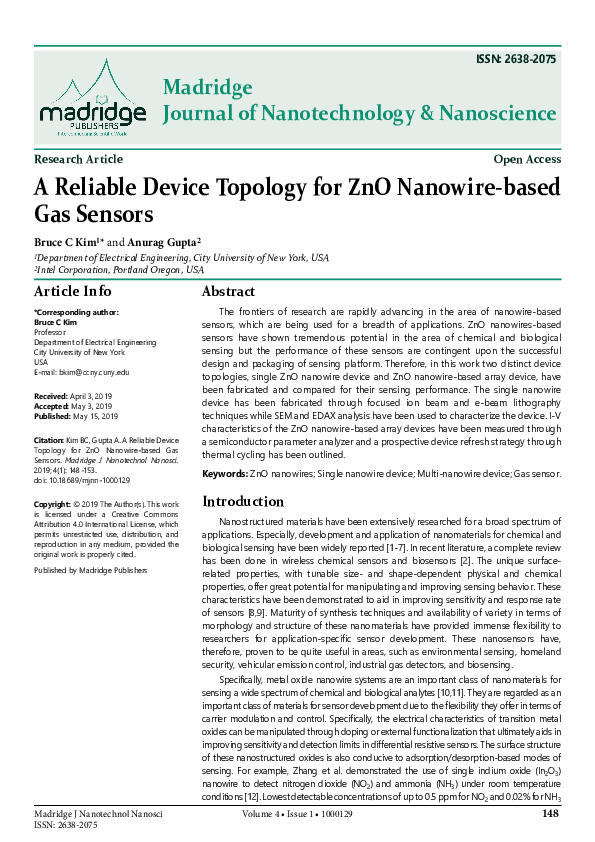 (PDF) A Reliable Device Topology for ZnO Nanowire-based Gas Sensors