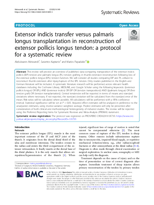 (PDF) Extensor indicis transfer versus palmaris longus transplantation ...