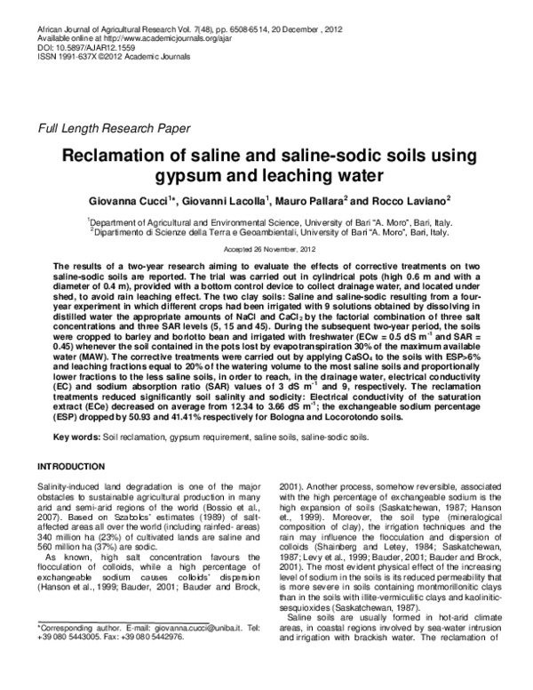 (PDF) Reclamation of saline and saline-sodic soils using gypsum and leaching water