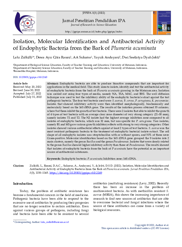 (PDF) Isolation, Molecular Identification and Antibacterial Activity of Endophytic Bacteria from ...