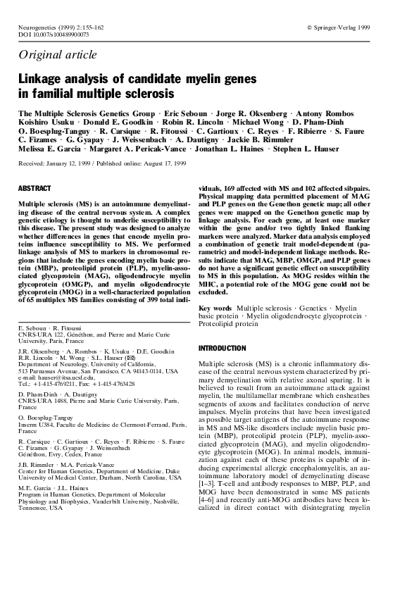 (PDF) Linkage analysis of candidate myelin genes in familial multiple sclerosis | Antony Joseth ...