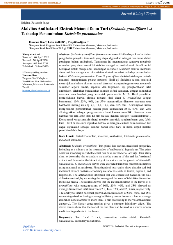 (PDF) Aktivitas Antibakteri Ekstrak Metanol Daun Turi (Sesbania ...