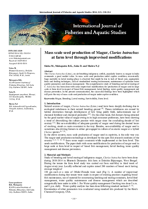 (PDF) Mass scale seed production of Magur, Clarias batrachus at farm ...