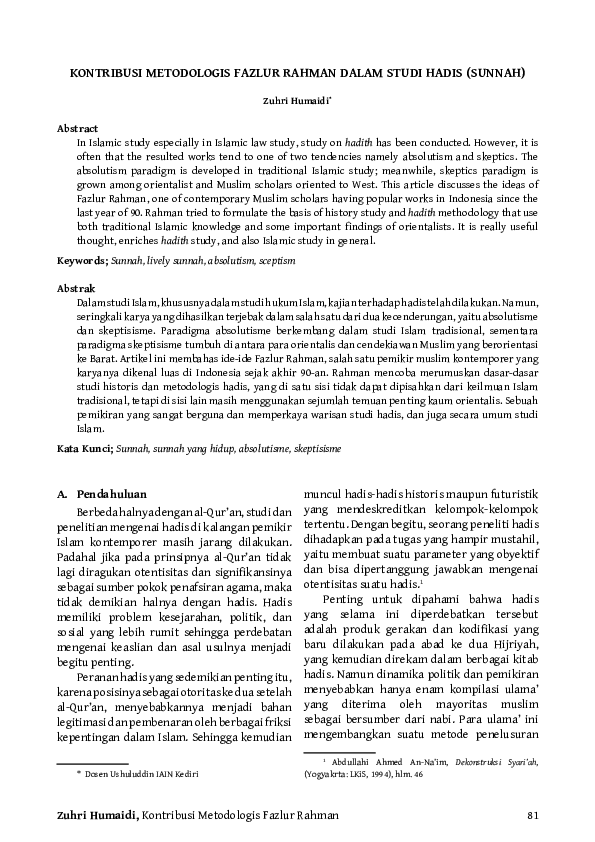 (PDF) Kontribusi Metodologis Fazlur Rahman Dalam Studi Hadis (Sunnah)