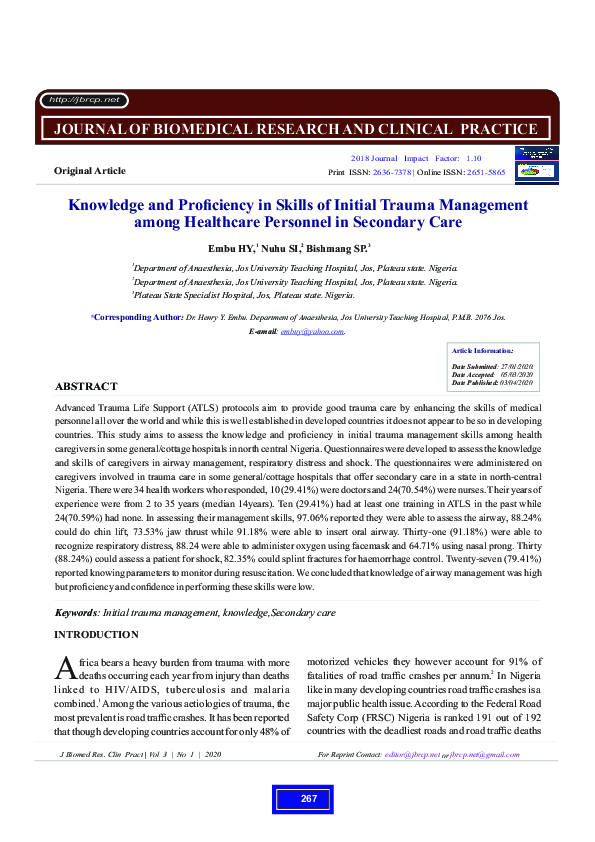 (PDF) Knowledge and Proficiency in Skills of Initial Trauma Management ...