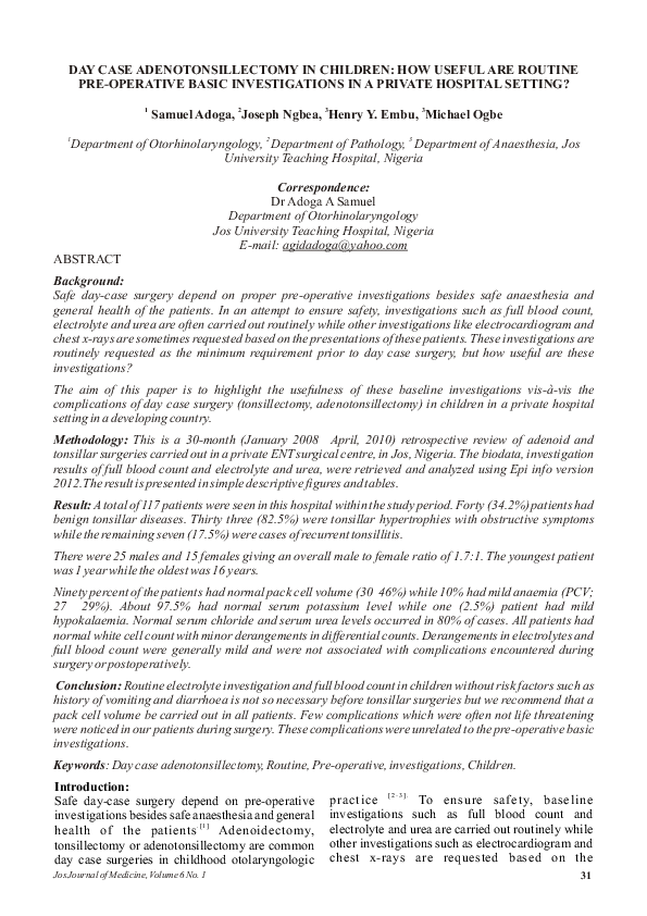 Day Case Adenotonsillectomy in Children: How Useful are Routine Pre ...
