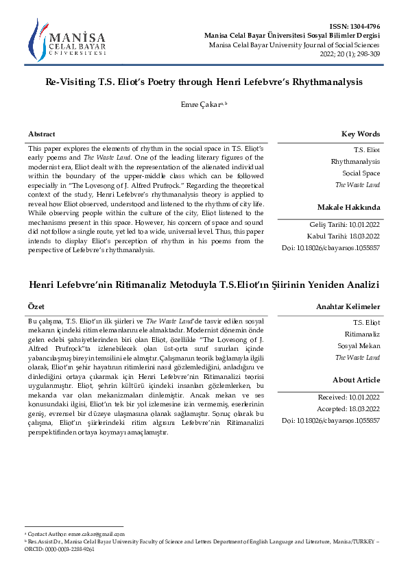 (PDF) Re-Visiting T.S. Eliot’s Poetry through Henri Lefebvre’s Rhythmanalysis