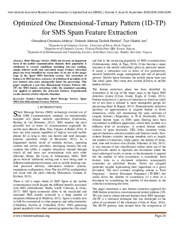 (PDF) Optimized One Dimensional-Ternary Pattern (1D-TP) for SMS Spam ...