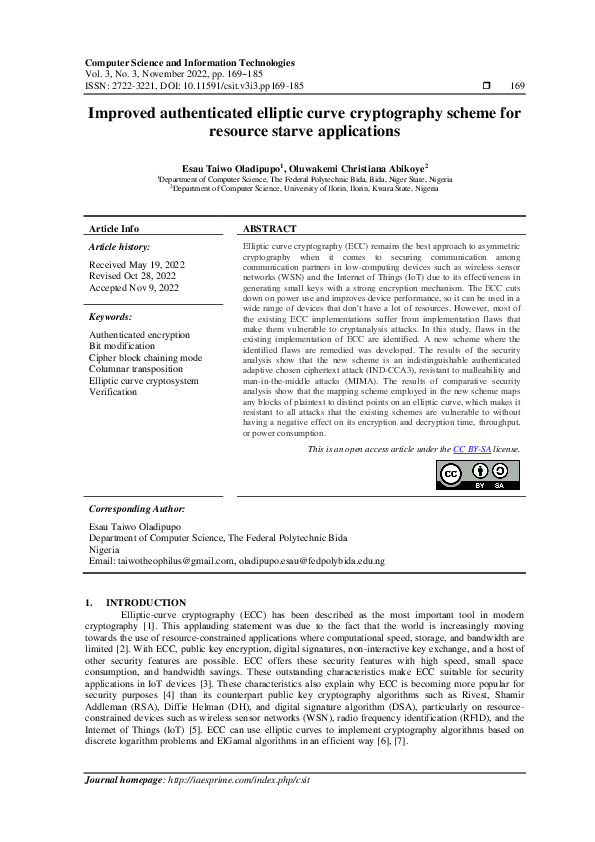 (PDF) Improved authenticated elliptic curve cryptography scheme for ... (PDF) Improved authenticated elliptic curve cryptography scheme for ...