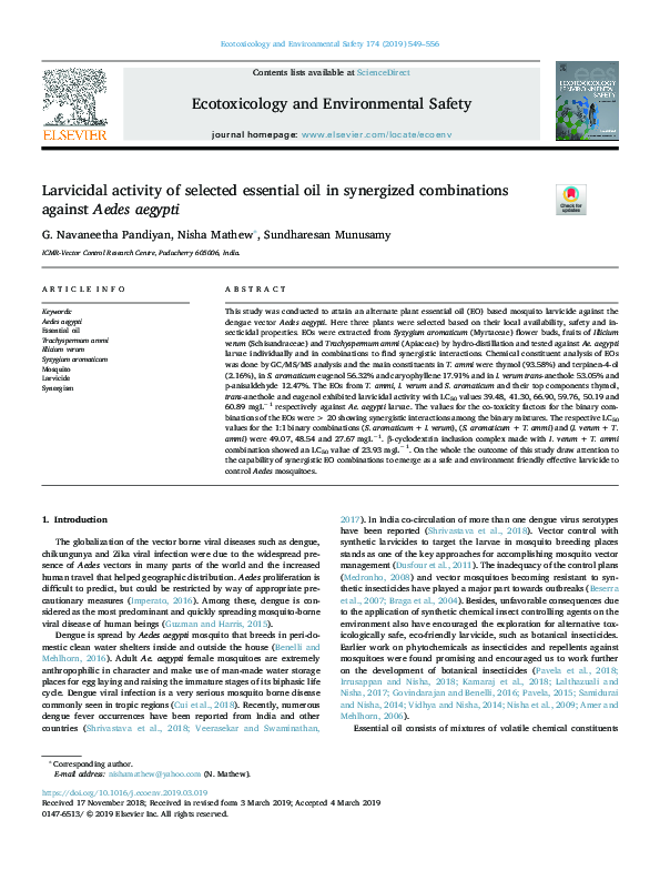 Larvicidal activity of selected essential oil in synergized ...
