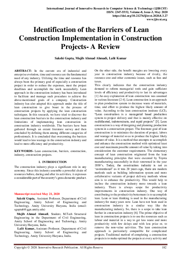 (PDF) Identification of the Barriers of Lean Construction Implementation in Construction ...
