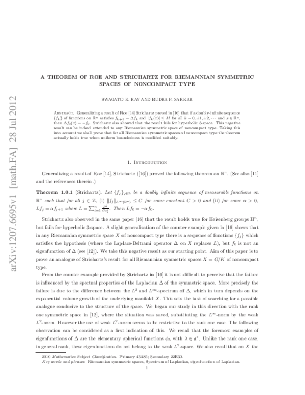 (PDF) A Theorem of Roe and Strichartz for Riemannian Symmetric Spaces of Noncompact Type