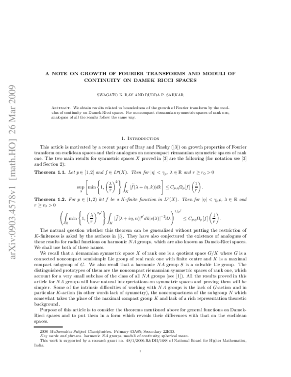 (PDF) A note on growth of Fourier transforms and Moduli of continuity on Damek Ricci spaces