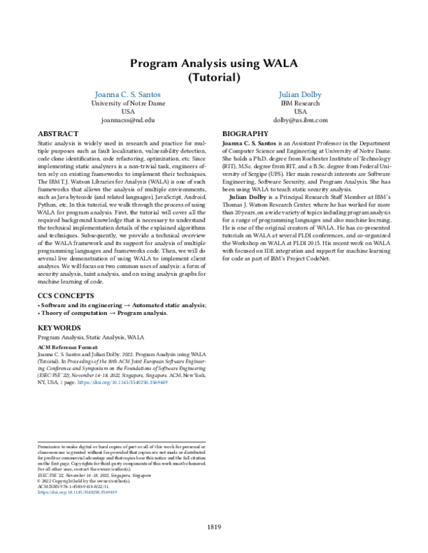 (PDF) Program analysis using WALA (tutorial)