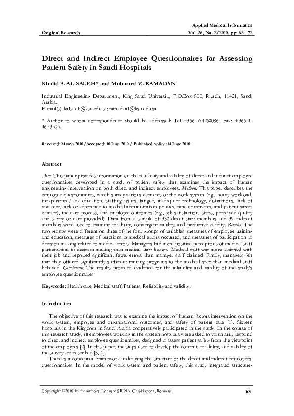 (PDF) Direct and Indirect Employee Questionnaires for Assessing Patient ...