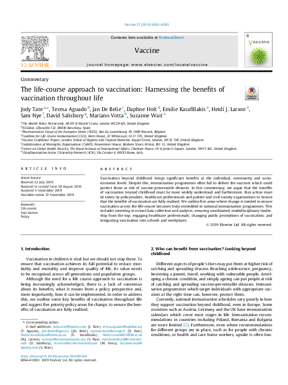 (PDF) The life-course approach to vaccination: Harnessing the benefits ...