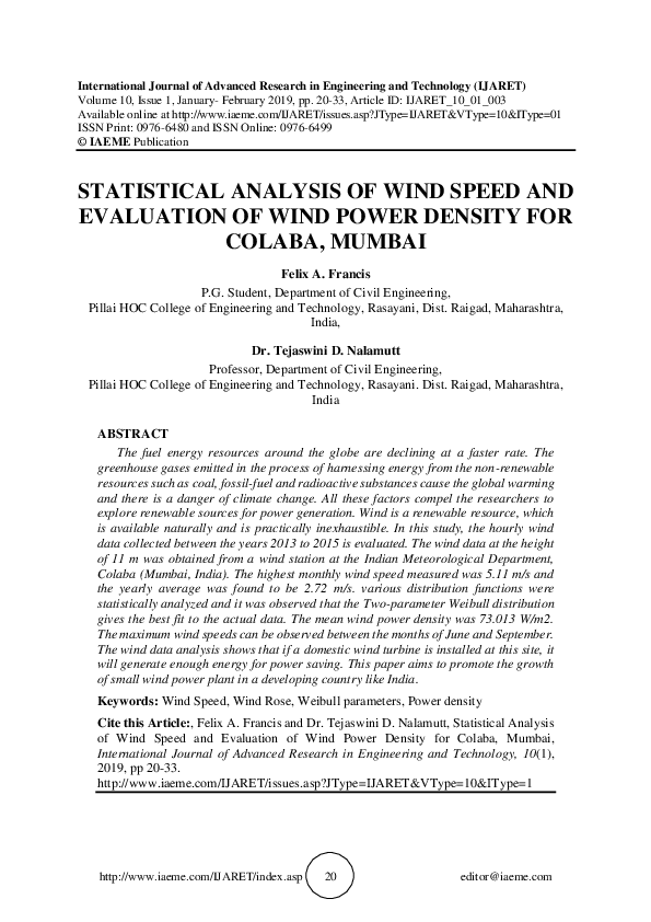 (PDF) Statistical Analysis of Wind Speed and Evaluation of Wind Power Density for Colaba, Mumbai