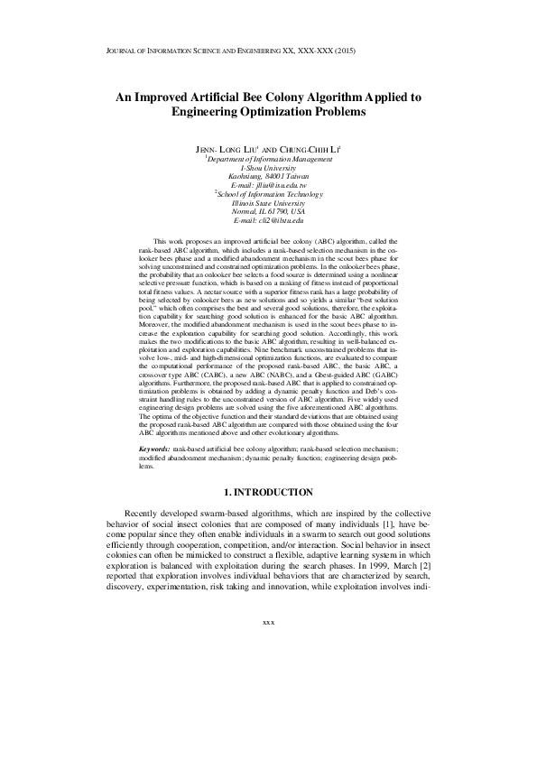 Pdf An Improved Artificial Bee Colony Algorithm Applied To Engineering Optimization Problems