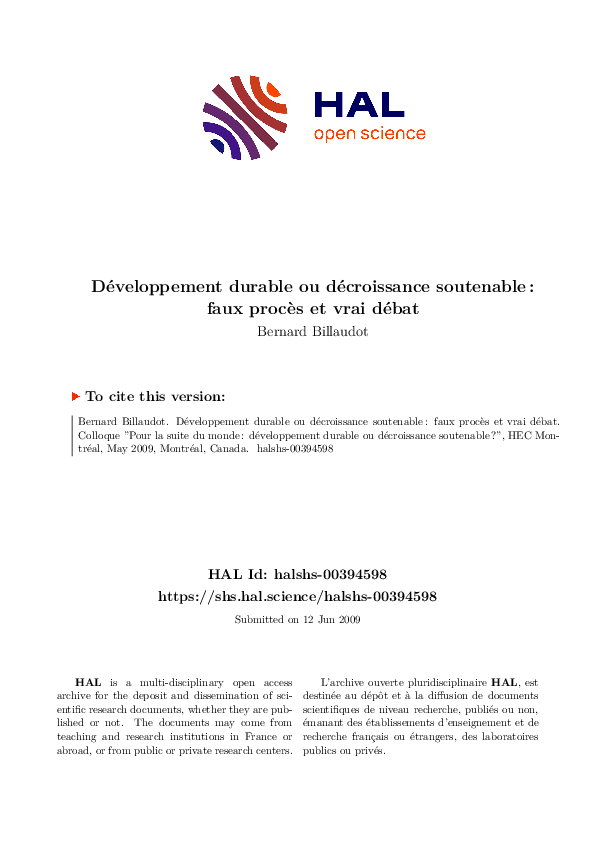 (PDF) D veloppement durable ou d croissance soutenable : faux proc s et ...
