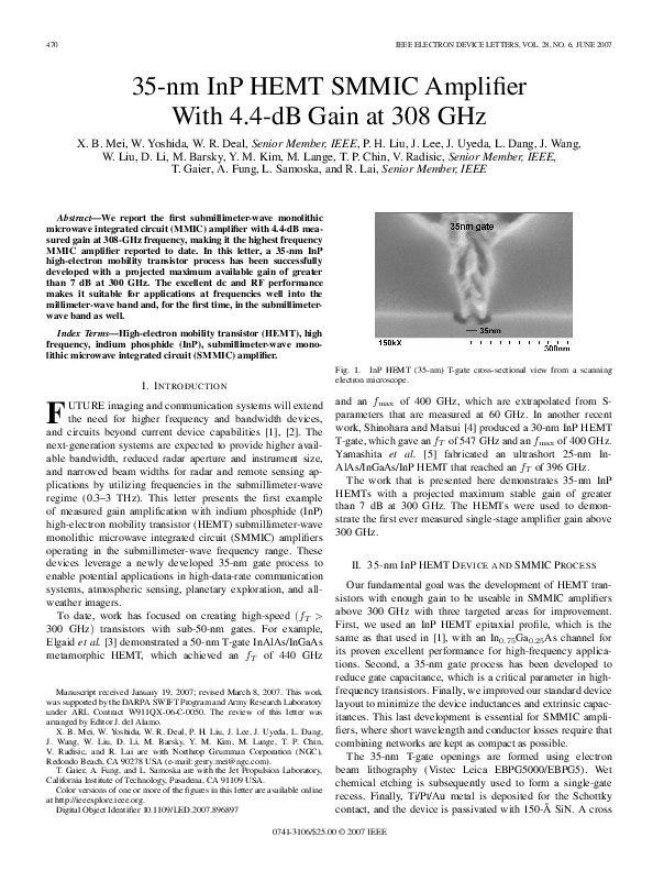(PDF) 35-nm InP HEMT SMMIC Amplifier With 4.4-dB Gain at 308 GHz