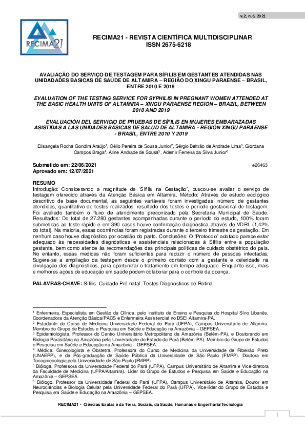 (PDF) Avaliação Do Serviço De Testagem Para Sífilis Em Gestantes ...