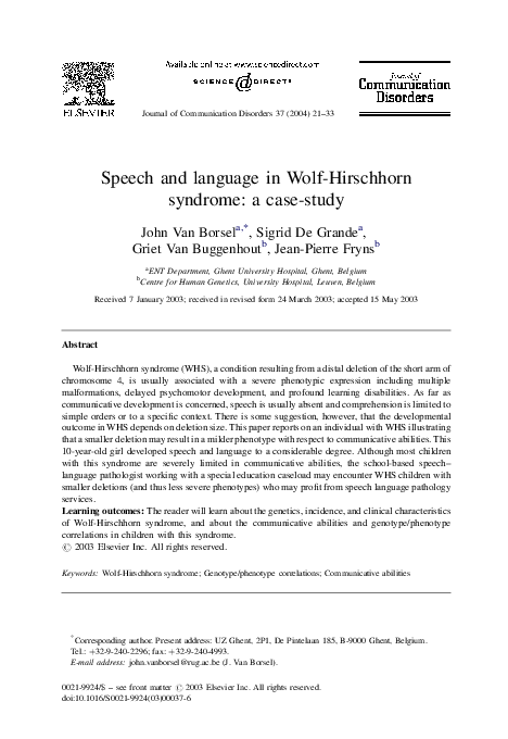 (PDF) Speech and language in Wolf-Hirschhorn syndrome: a case-study