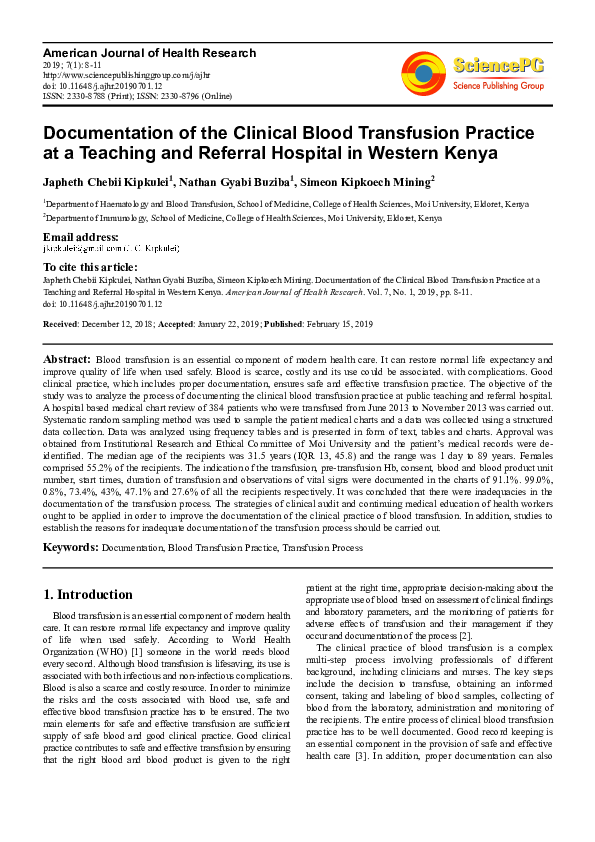 (PDF) Documentation of the Clinical Blood Transfusion Practice at a ...