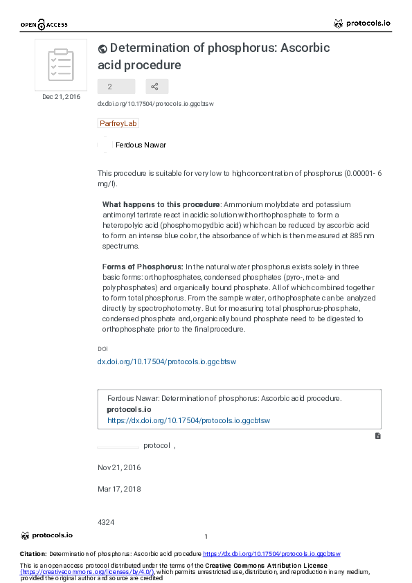 (PDF) Determination of phosphorus: Ascorbic acid procedure v1