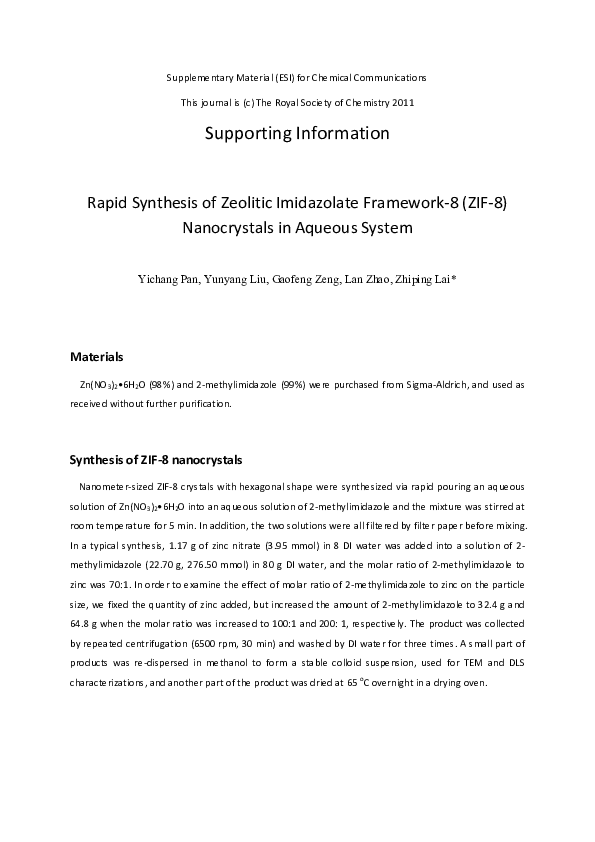 (PDF) Rapid synthesis of zeolitic imidazolate framework-8 (ZIF-8) nanocrystals in an aqueous system