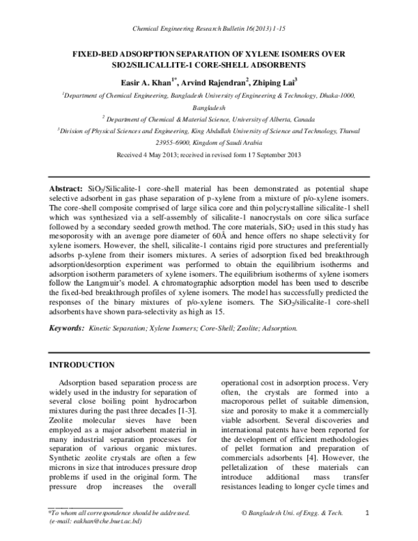 (PDF) Fixed-Bed Adsorption Separation Of Xylene Isomers over SiO2/Silicallite-1 Core-Shell ...