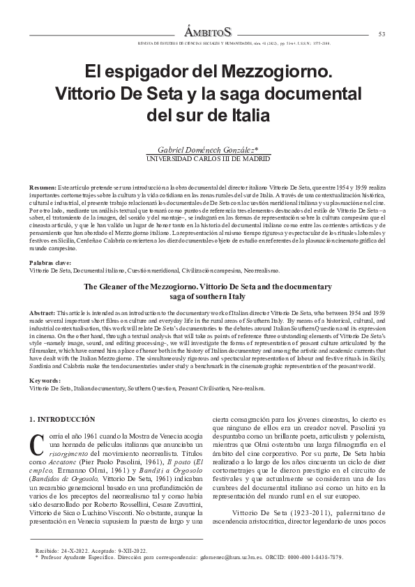 (PDF) El espigador del Mezzogiorno. Vittorio De Seta y la saga ...
