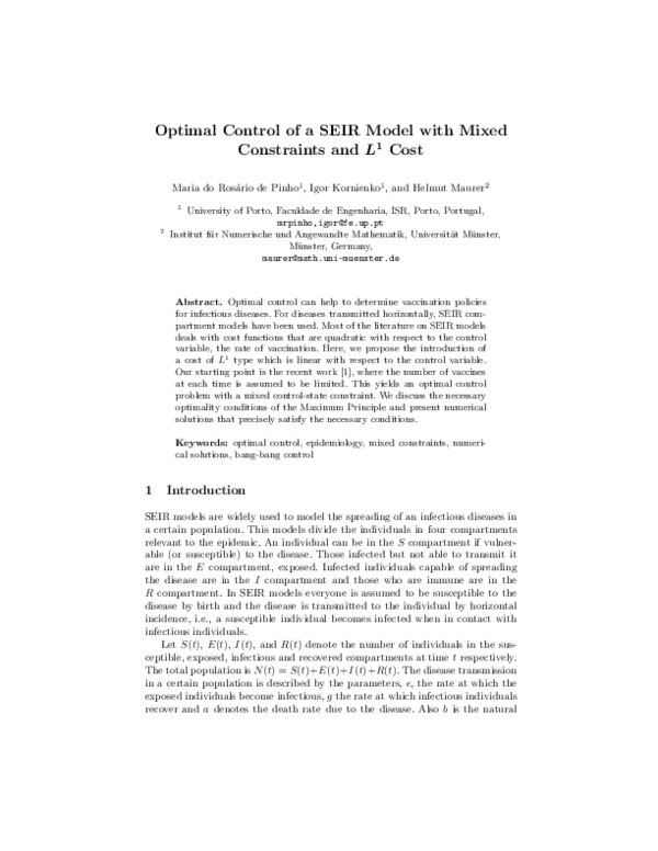 (PDF) Optimal Control of a SEIR Model with Mixed Constraints and L 1 Cost