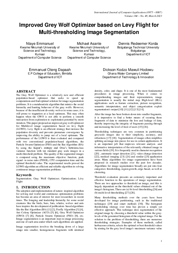 (PDF) Improved Grey Wolf Optimizer based on Levy Flight for Multi-thresholding Image Segmentation