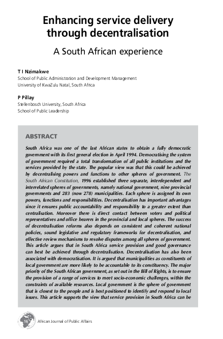 (PDF) Enhancing service delivery through decentralisation : a South ...