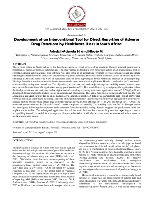 Pdf Development Of An Interventional Tool For Direct Reporting Of Adverse Drug Reactions By