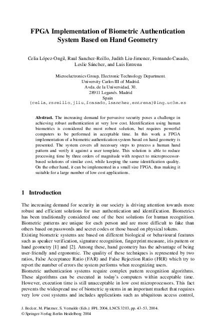 Pdf Fpga Implementation Of Biometric Authentication System Based On Hand Geometry