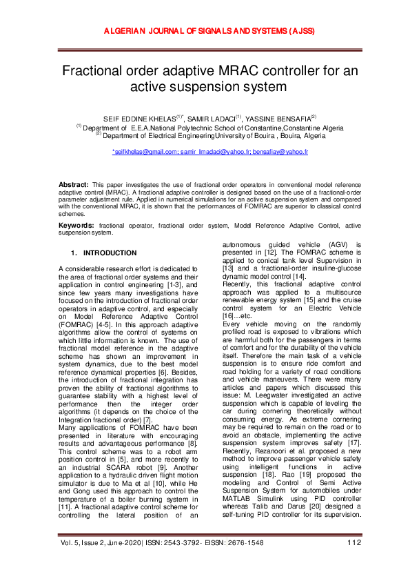 (PDF) Fractional order adaptive MRAC controller for an active suspension system